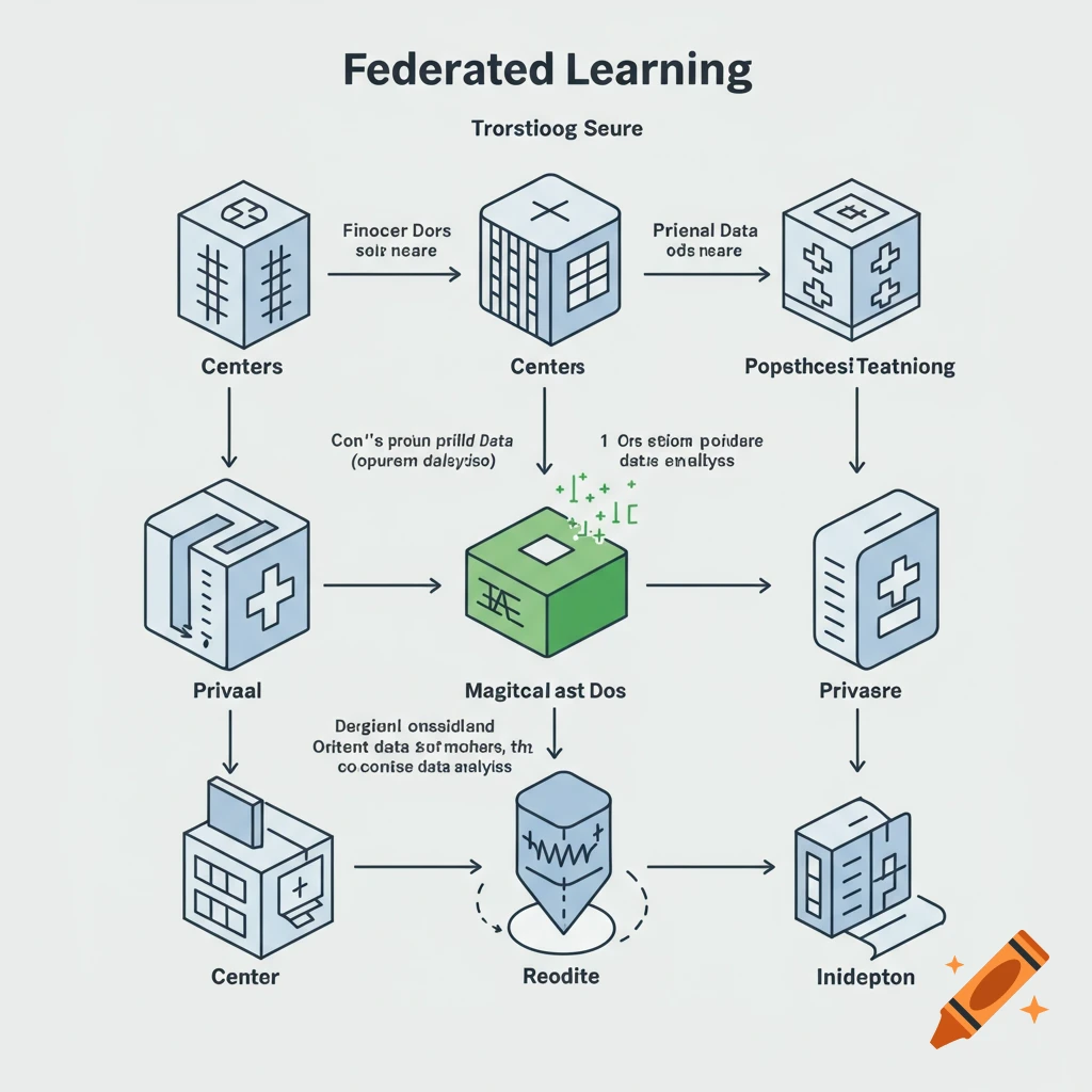 Technical schematic showing data processing steps with analytics dashboard output on Craiyon