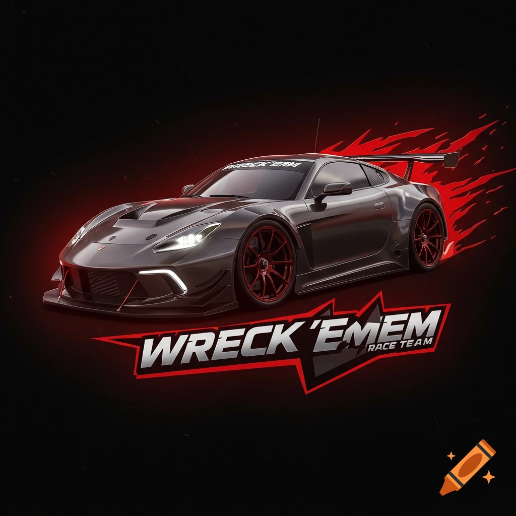Wreck 'Em Race Team esports logo with red and black GT3 racecar on Craiyon