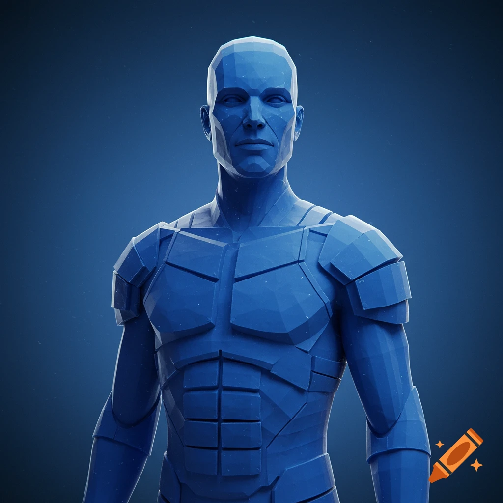 Blue beveled robot character with square armor on Craiyon