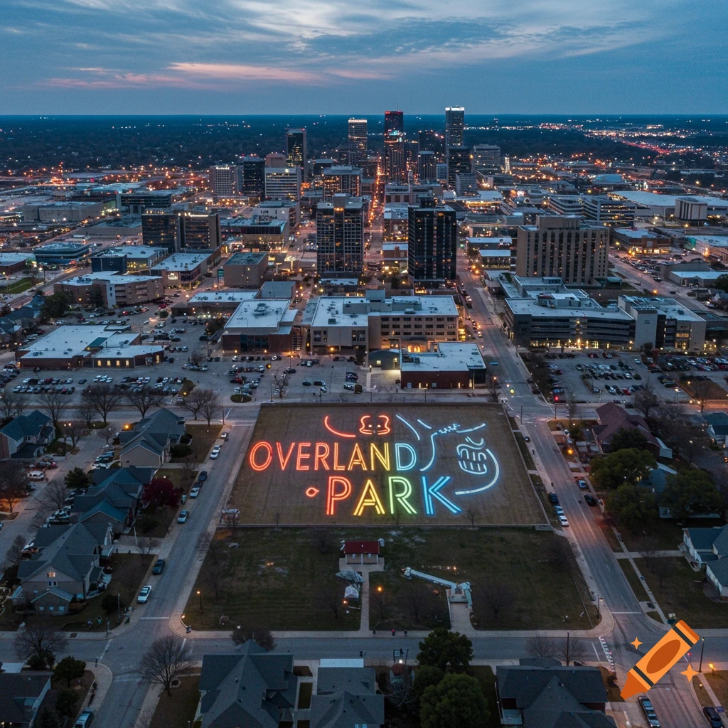 Aerial view of a city skyline at dusk with a large lighted 'Overland ...