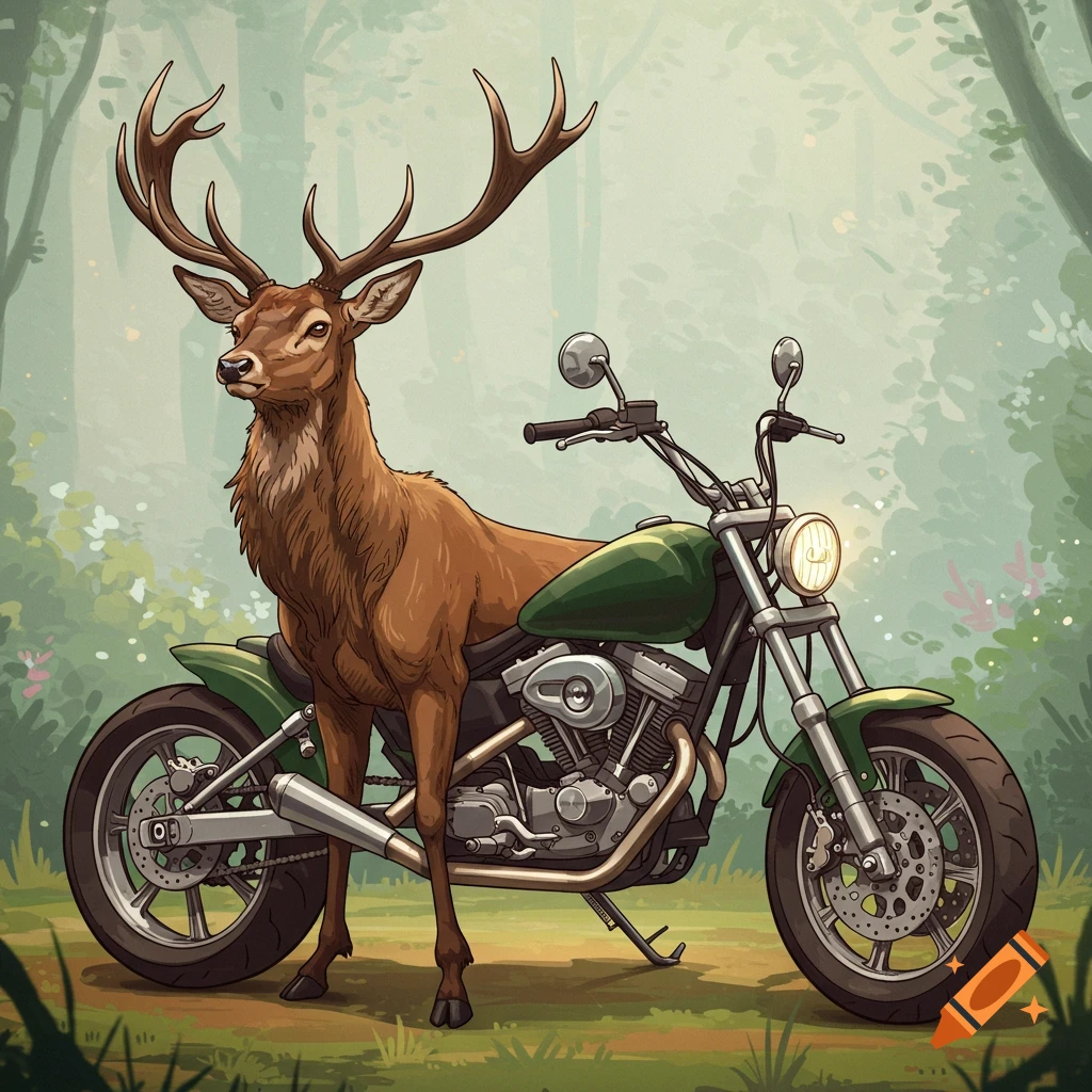 A deer sitting on a green motorcycle in a forest. on Craiyon