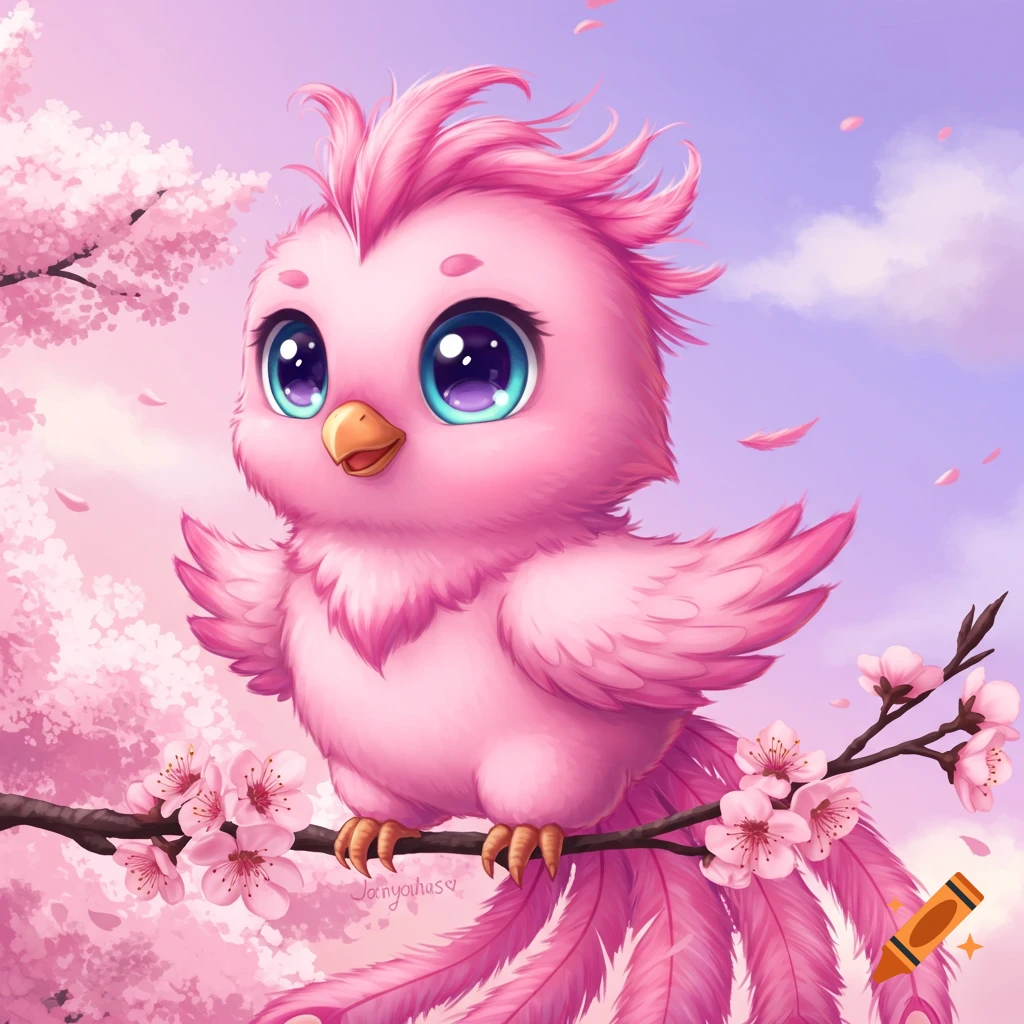 A cute illustrated owl with big eyes sits on a cherry blossom branch, holding a pink flower. on ...