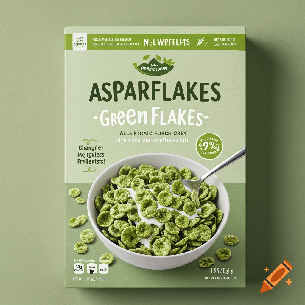 Cereal box design for ASPARFLAKES in minimal muted green and white ...