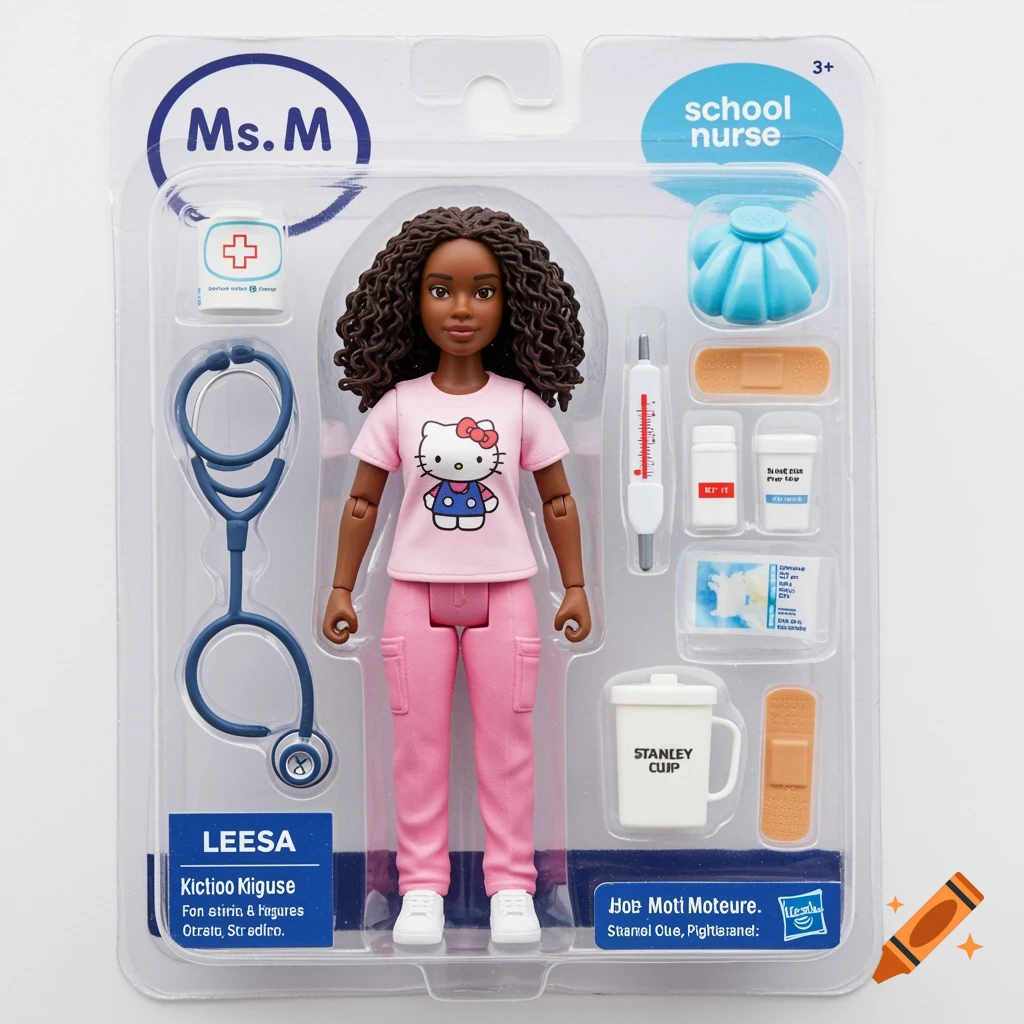 3D action figure of Leesa, a Black female school nurse, with Hello ...