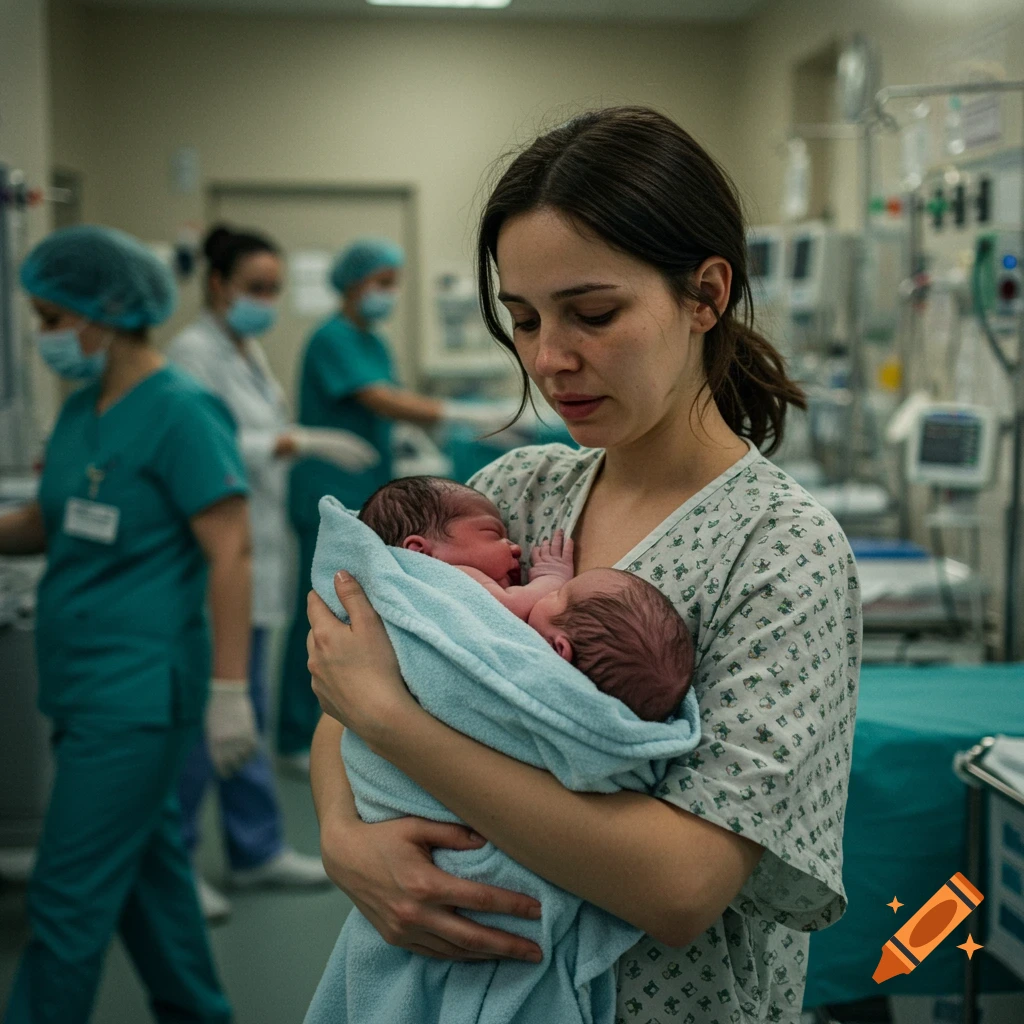 A woman holds a newborn baby in a room with floral wallpaper. on Craiyon