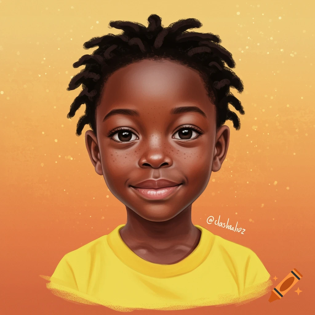 A portrait of a young Black boy with twists and freckles wearing a yellow shirt. on Craiyon