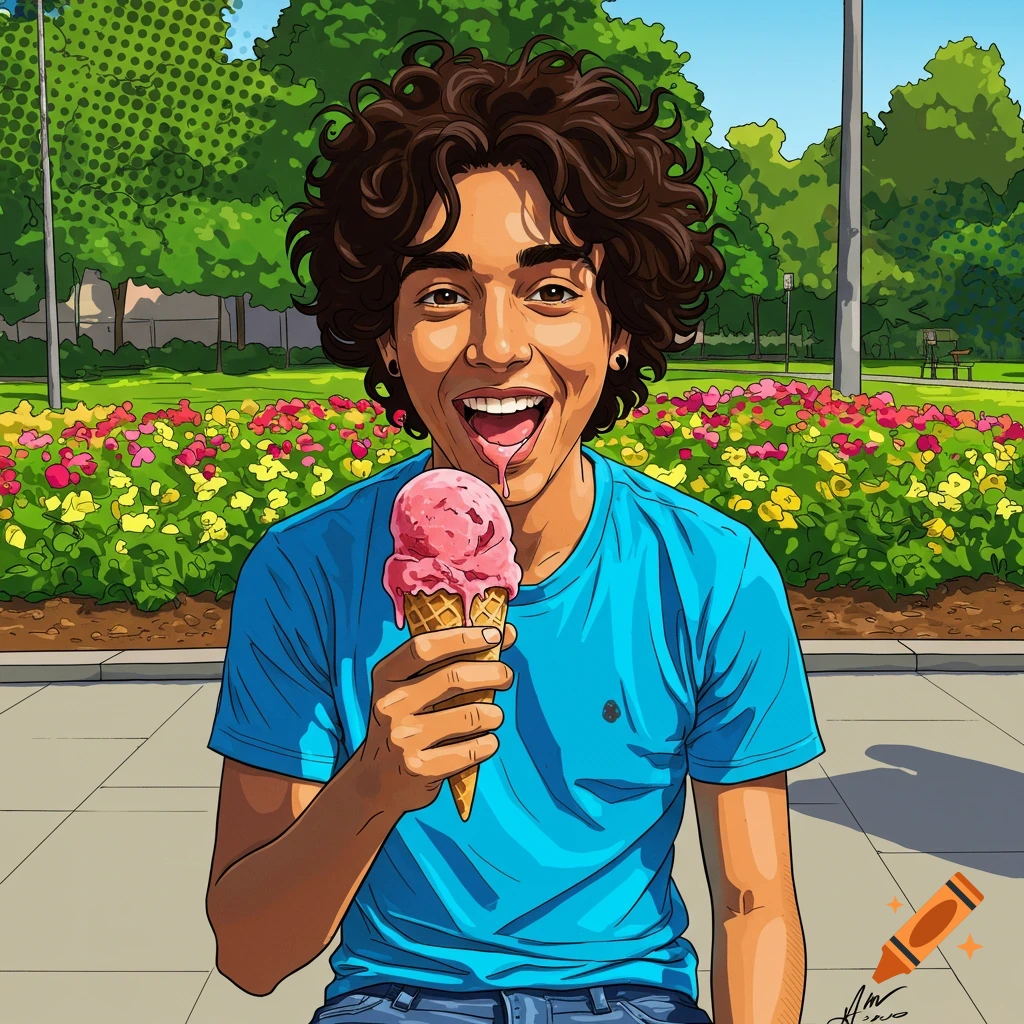 A person is happily eating ice cream in a park on Craiyon