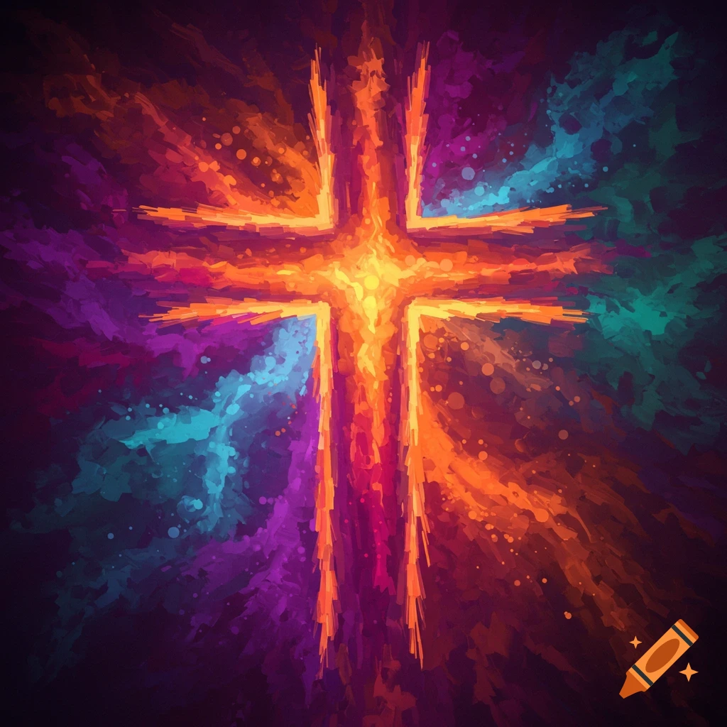Abstract painting of a cross made of vibrant orange, purple, and teal ...