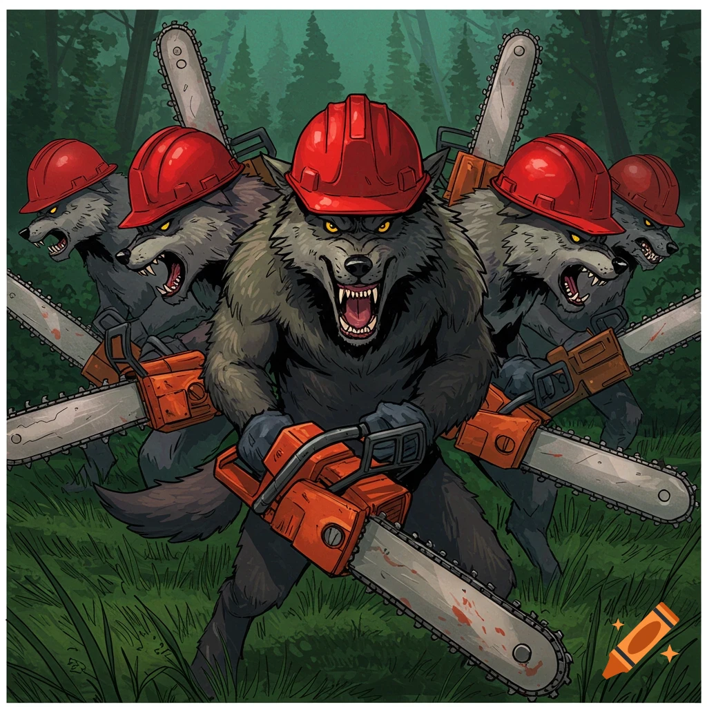 Cartoon illustration of angry wolves in red hard hats holding chainsaws ...