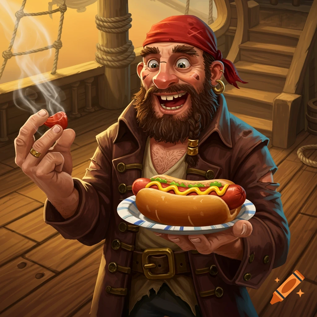 A muscular cartoon pirate with french fry legs stands on a ship deck ...