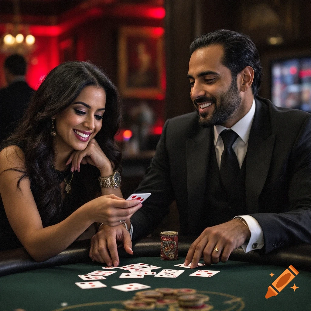 Two people playing cards at a casino table. on Craiyon