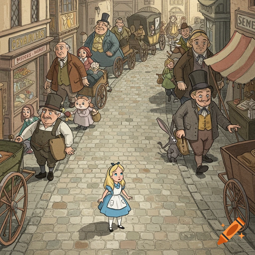 Drawing of small Alice in Wonderland on a busy road with huge people on ...