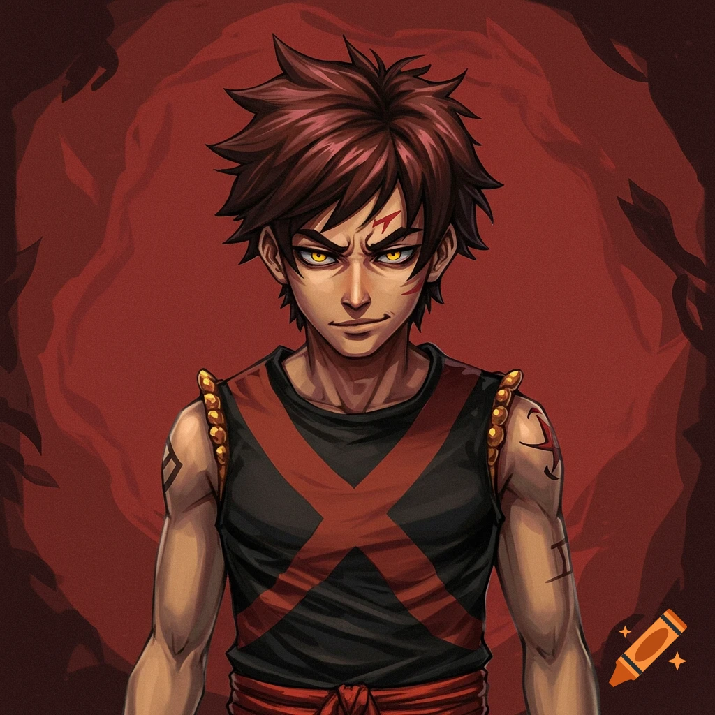 Stylized anime character with spiky hair, long nose, yellow coat ...