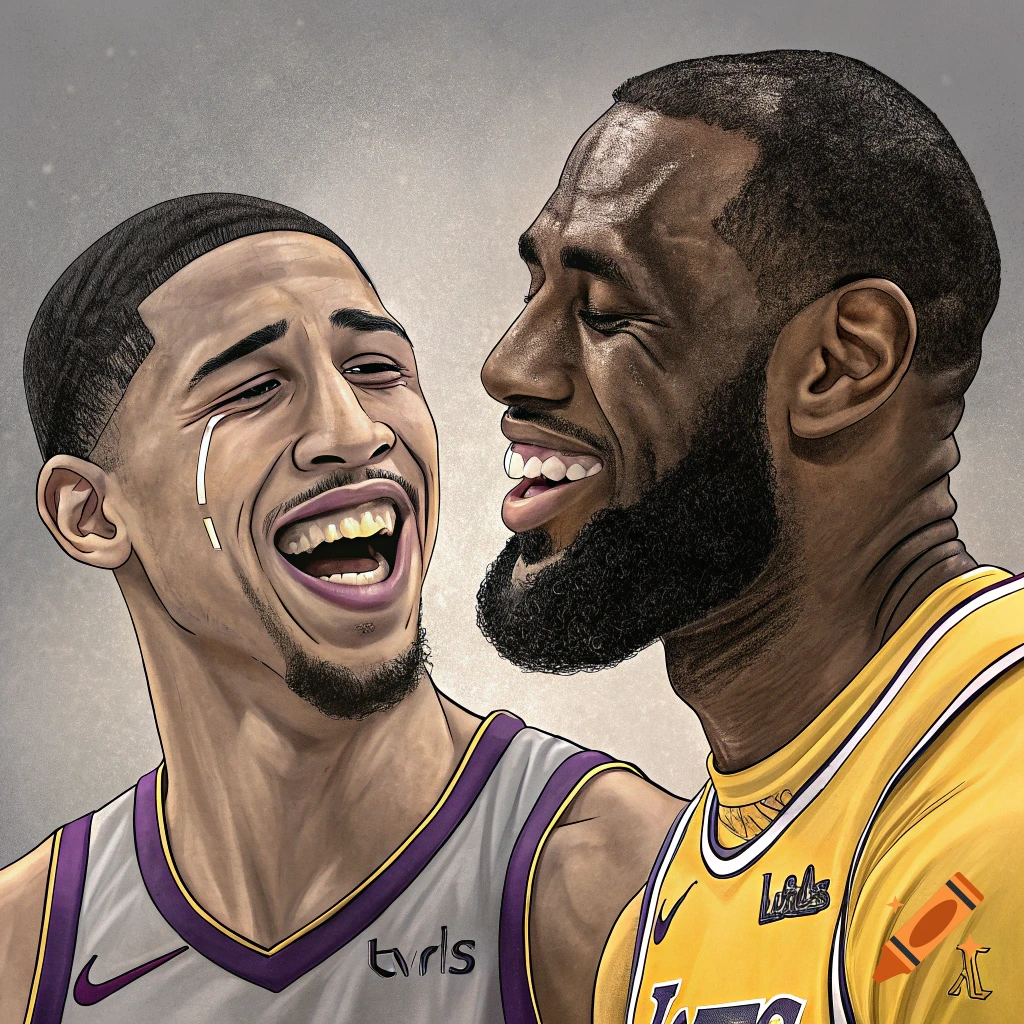 Tyrese Haliburton crying beside LeBron James laughing on Craiyon