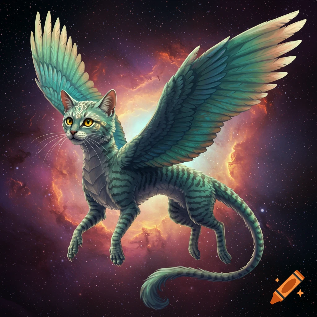 A winged cat creature with scales flies through space, set against a ...