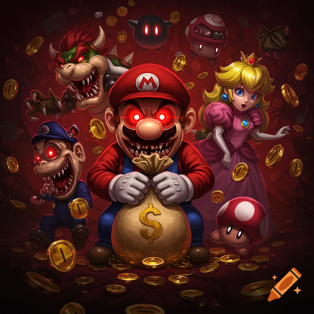 Dark stylized depiction of grotesque, evil Mario characters holding a ...