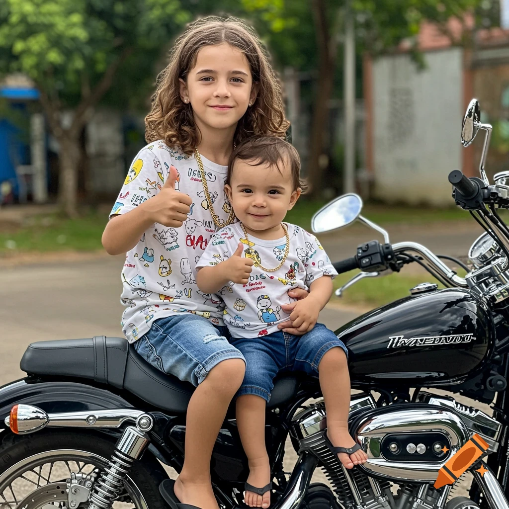 Brazilian boy on motorcycle with baby brother on Craiyon