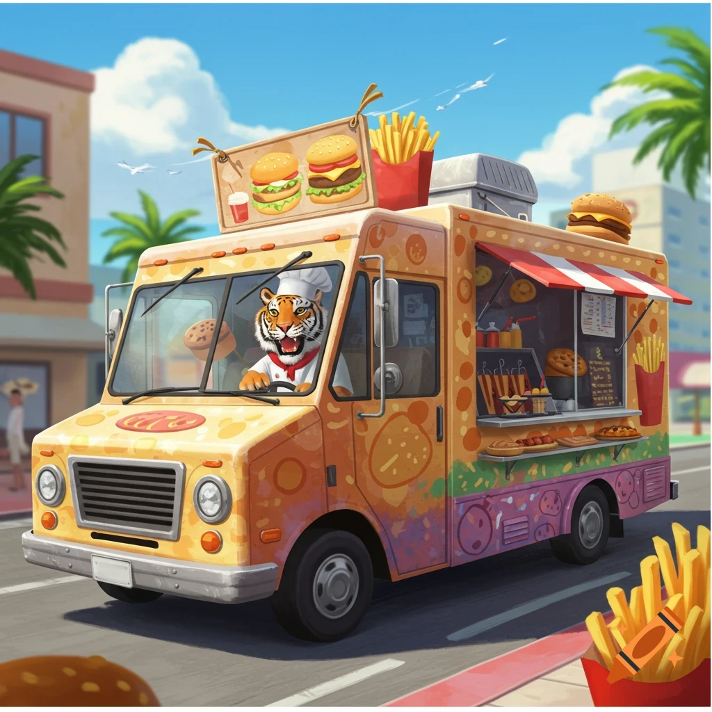 Food truck with a tiger driving on Craiyon