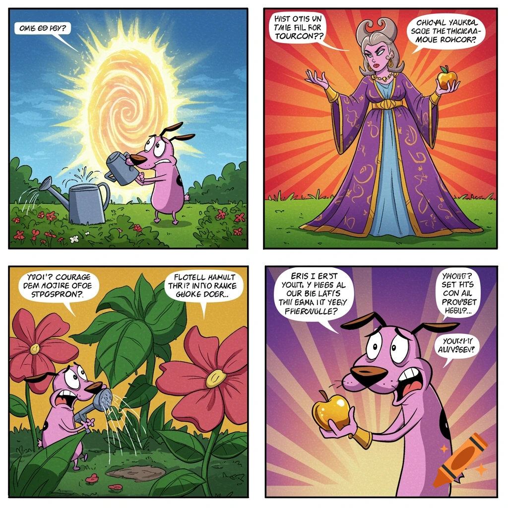 Courage the Cowardly Dog meets Eris in a four-panel comic on Craiyon