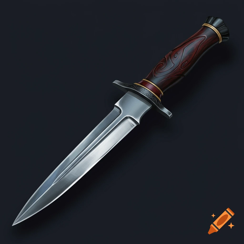 Intricately detailed oil painting of a medieval dagger with serrated ...