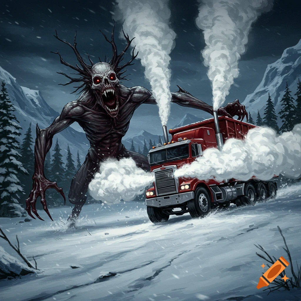 Wendigo chasing snow-spewing big rig truck on Craiyon