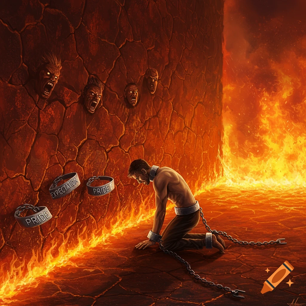 Man in fiery hell with chains of expectation and pride, facing wall of ...
