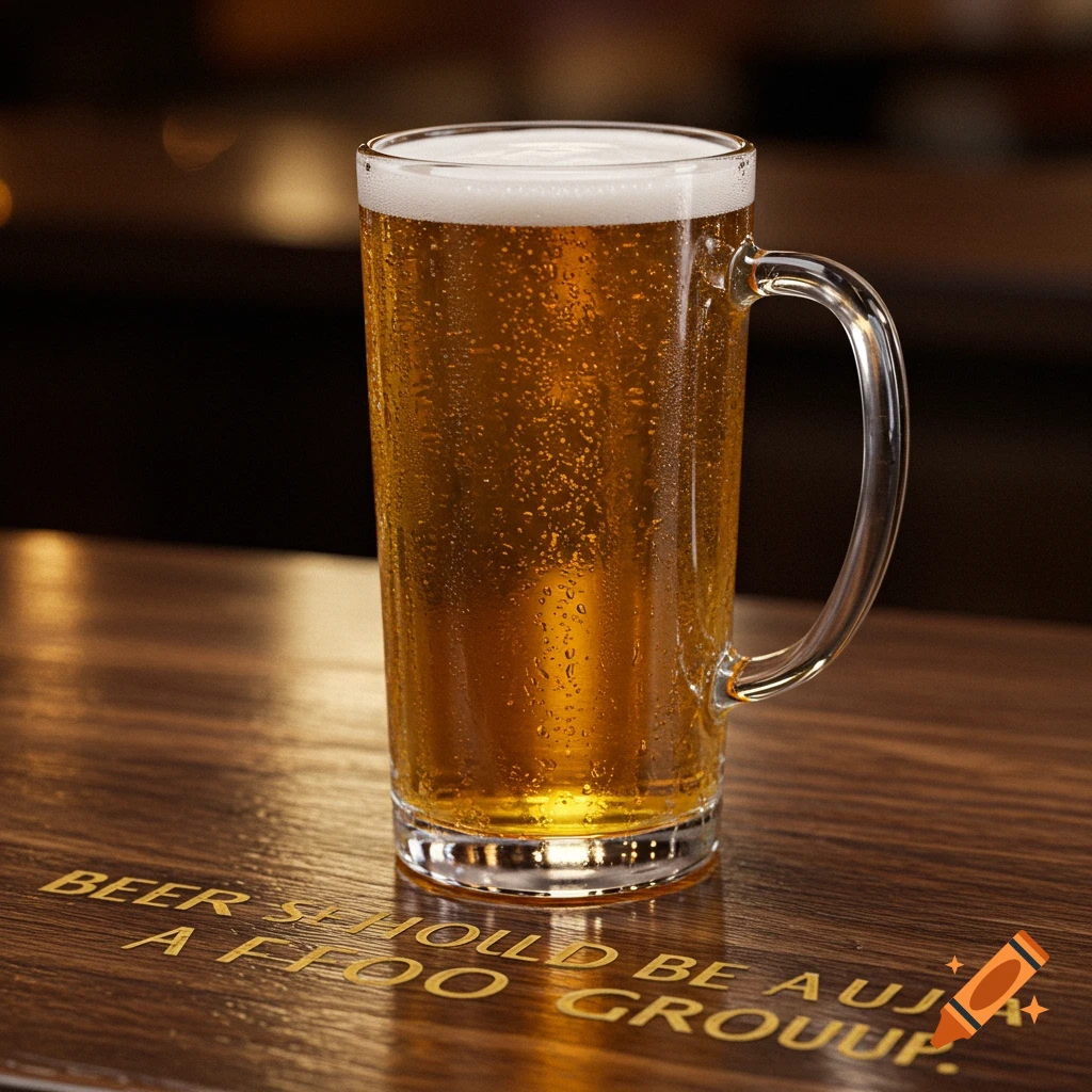 Frosty mug of beer on wooden bar with caption on Craiyon