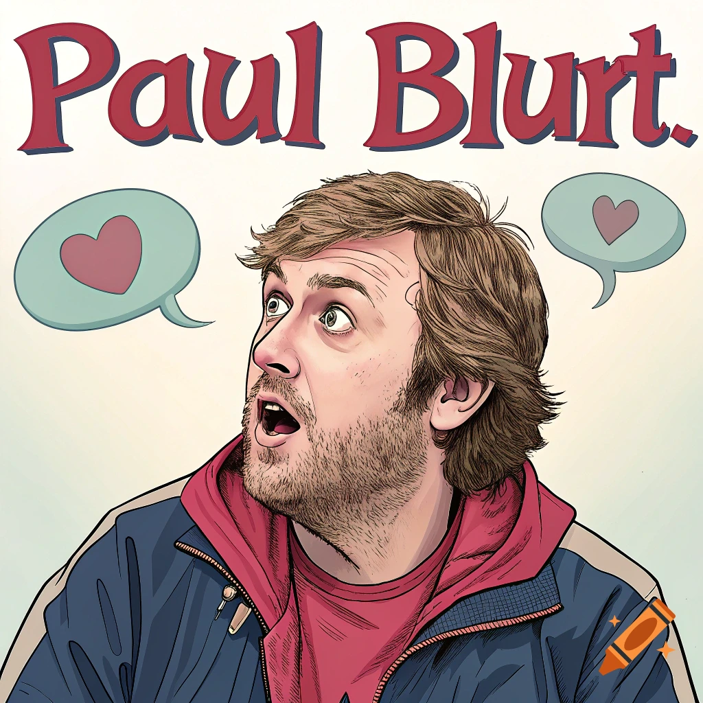 Illustration of a man with text 'Paul Blurt.' and heart speech bubbles ...