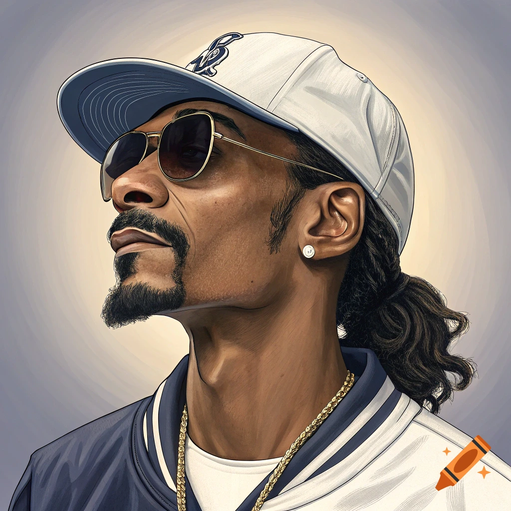 Illustrated portrait of Snoop Dogg wearing a baseball cap, sunglasses ...