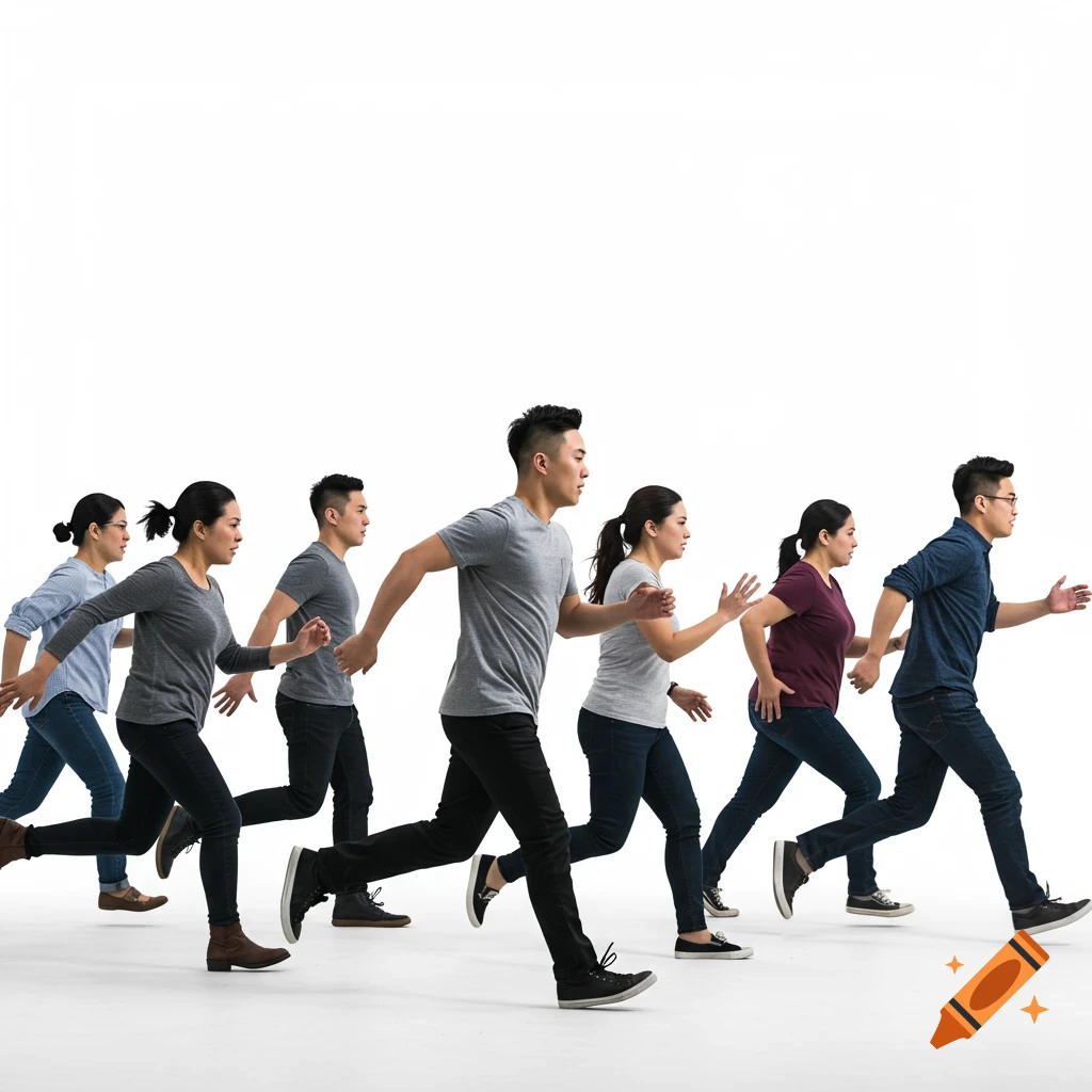 A line of people running side by side on a white background. on Craiyon