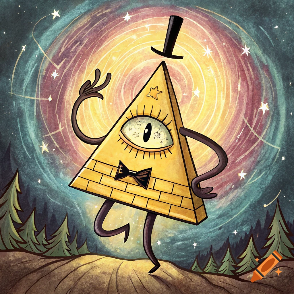 A vibrant yellow triangle character with one eye, a top hat, a bow tie ...
