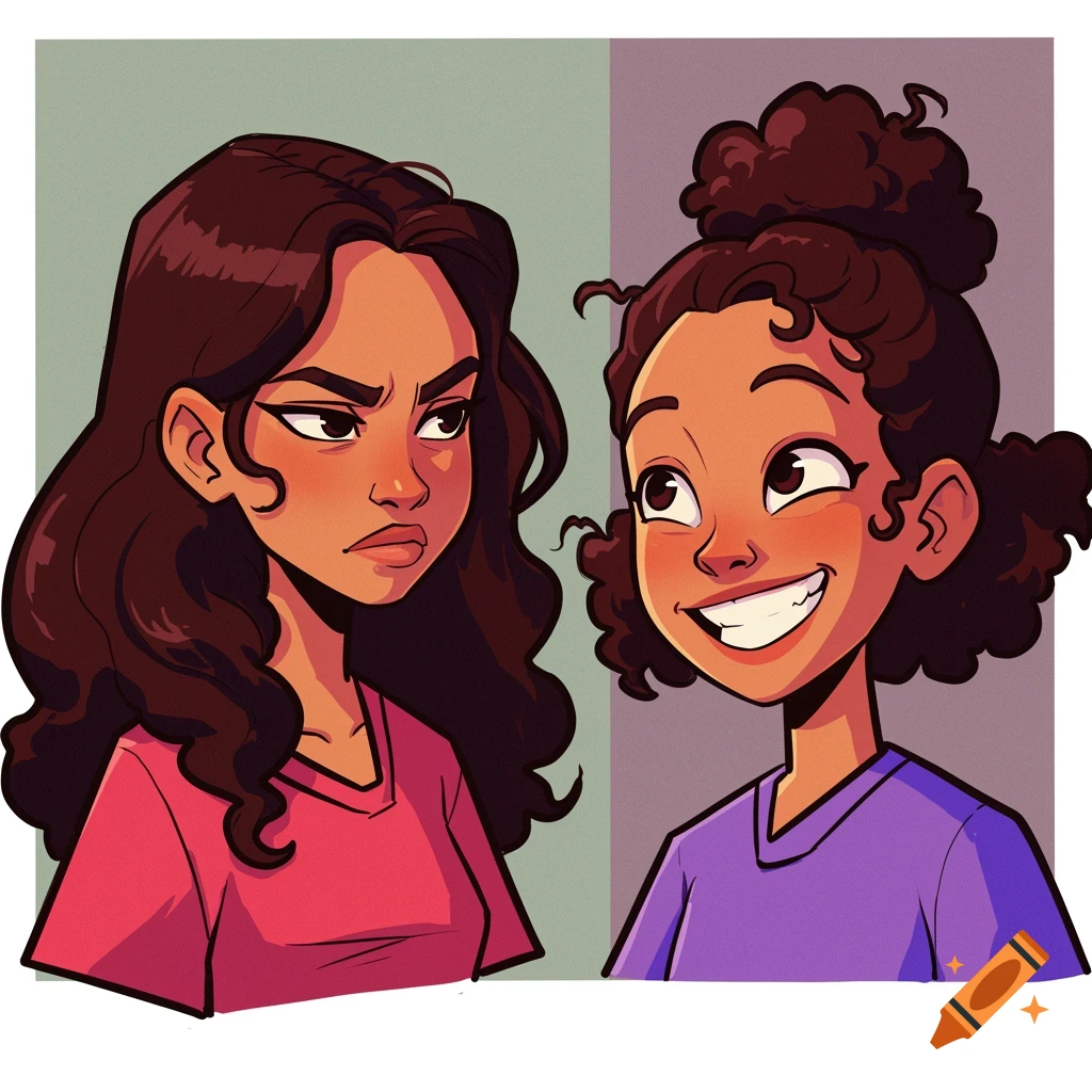 Digital painting of two cartoon girls with contrasting expressions. on ...