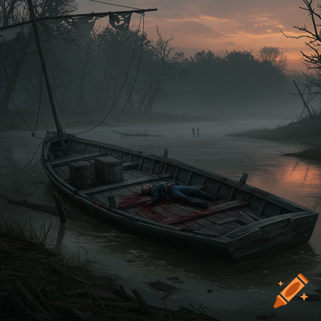 Boat during civil war with dead man on Craiyon