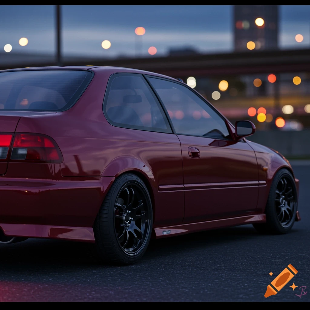 Wine red 2000 Honda Civic EX with black RPF1 wheels on Craiyon