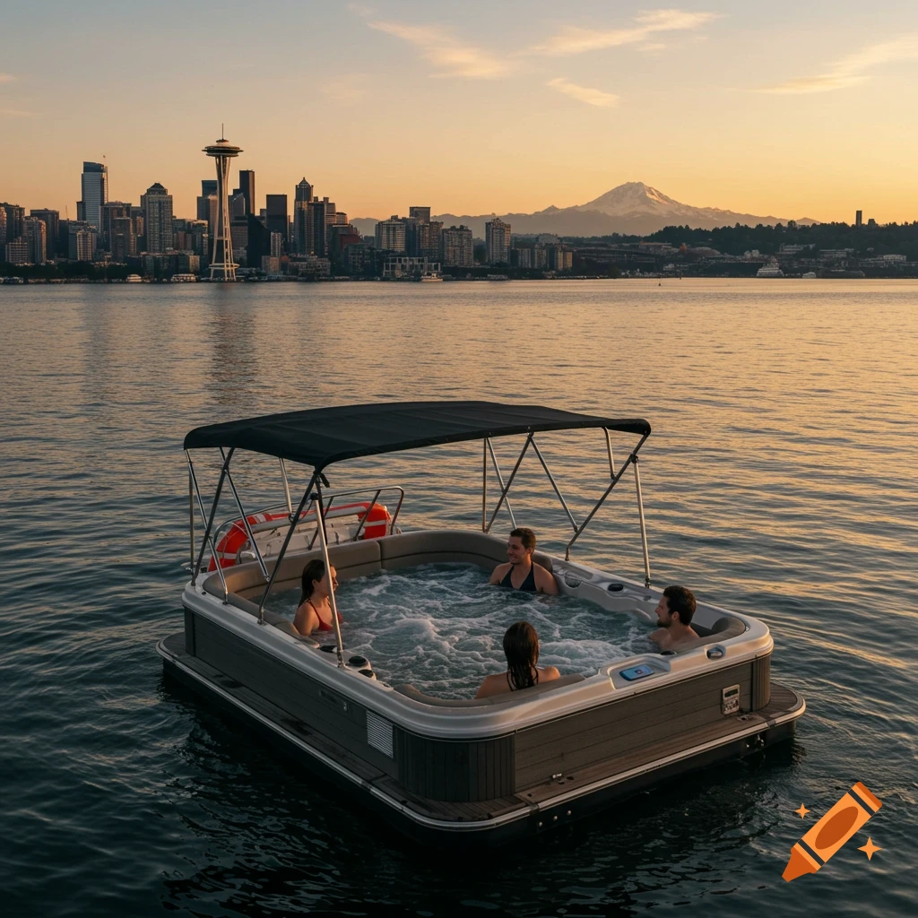 Four people in a hot tub boat on a lake with the Seattle skyline and a mountain at sunset ...