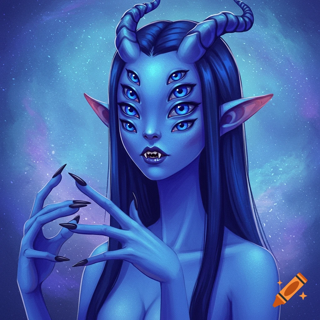 Tall blue alien girl with 15 eyes, sharp teeth, and horns on Craiyon