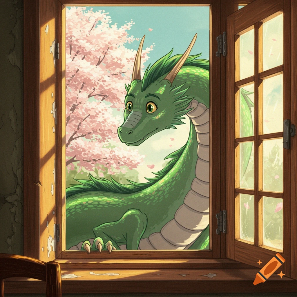 Dragon by a window in Ghibli style on Craiyon