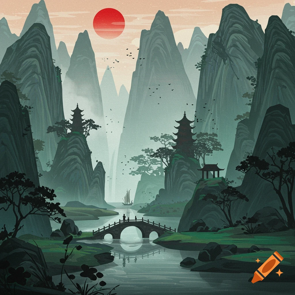 Chinese landscape painting with traditional elements on Craiyon