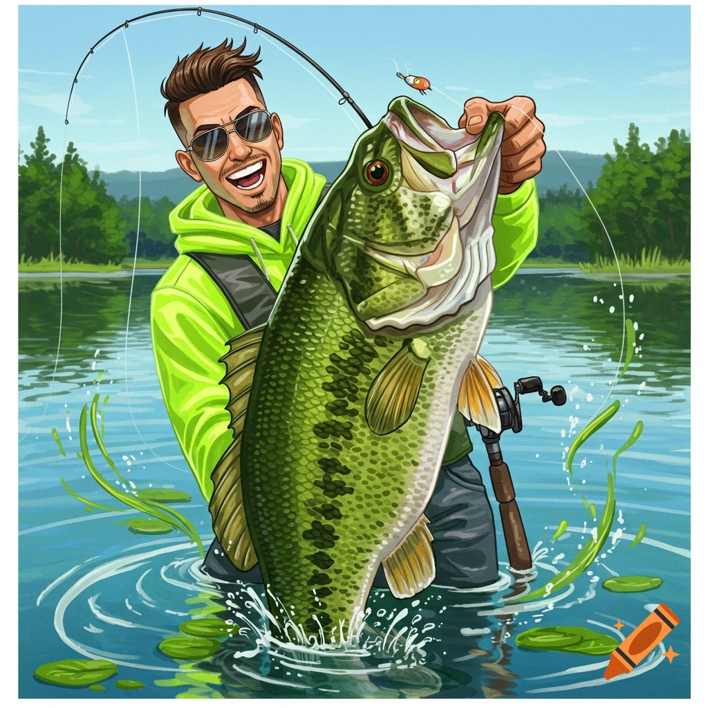 Illustration of a large bass jumping after a fishing lure with a ...