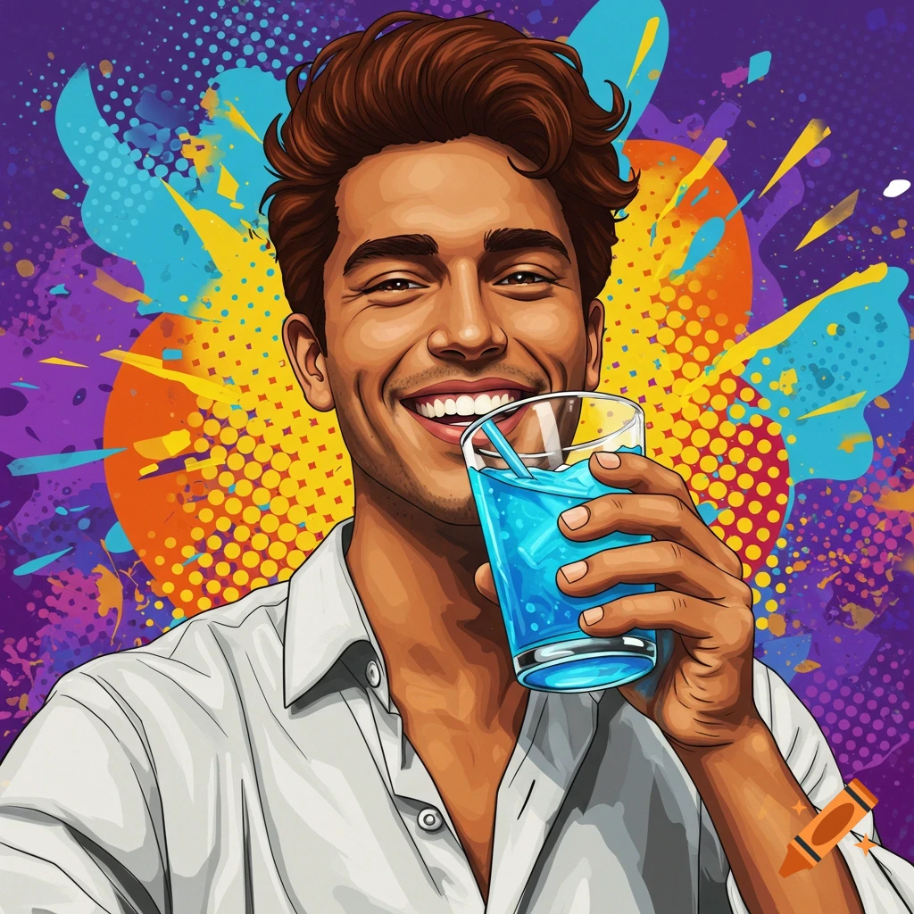 An illustration of a smiling man holding a glass of blue liquid against ...