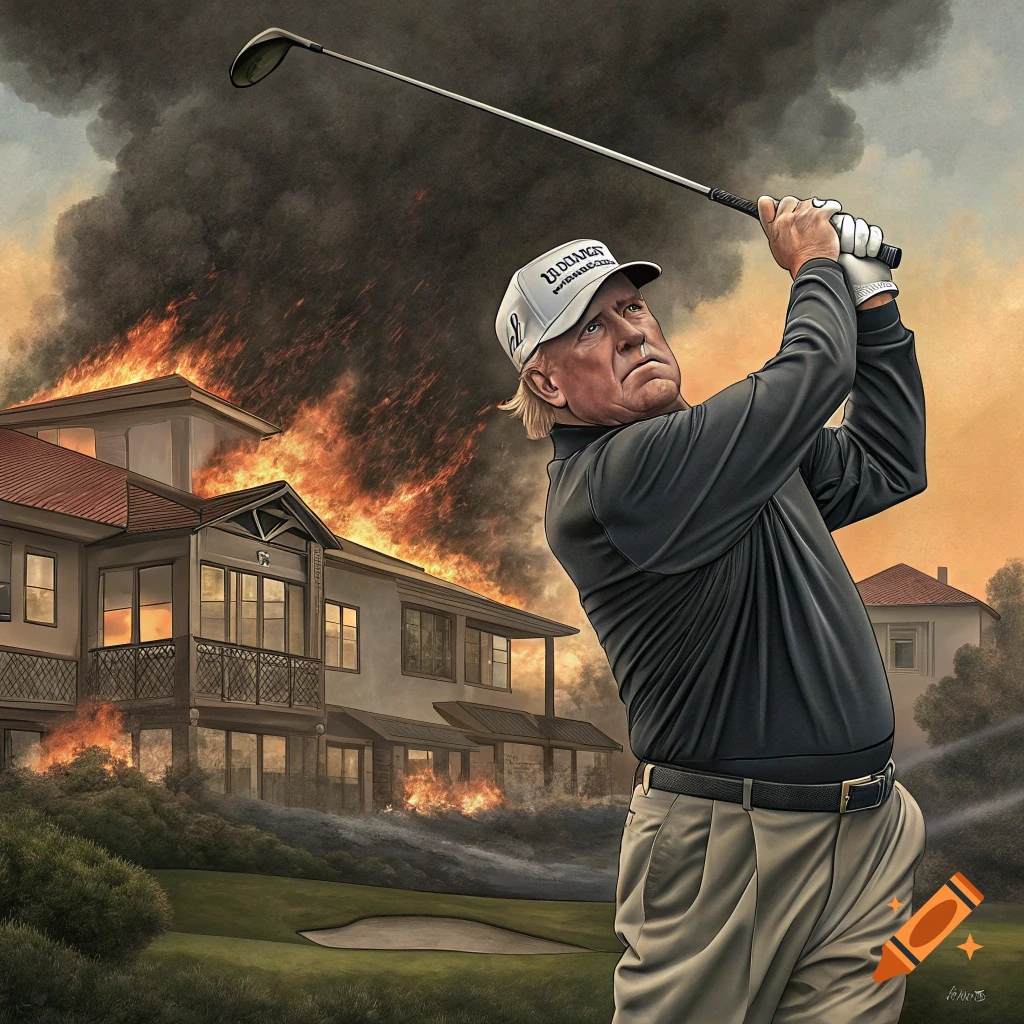 Donald Trump golfing while the nation burns, political satire on Craiyon