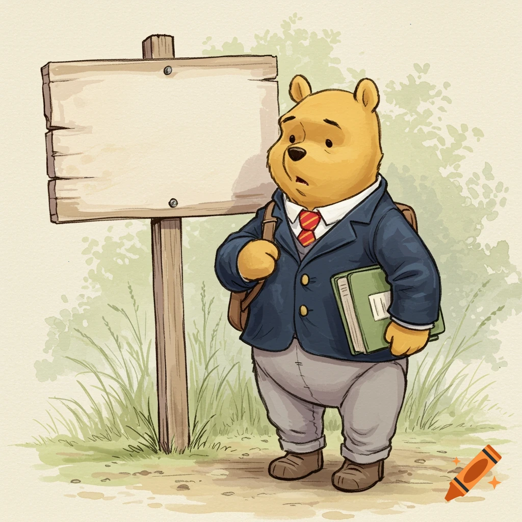 Winnie the Pooh in school gear next to a blank sign on Craiyon
