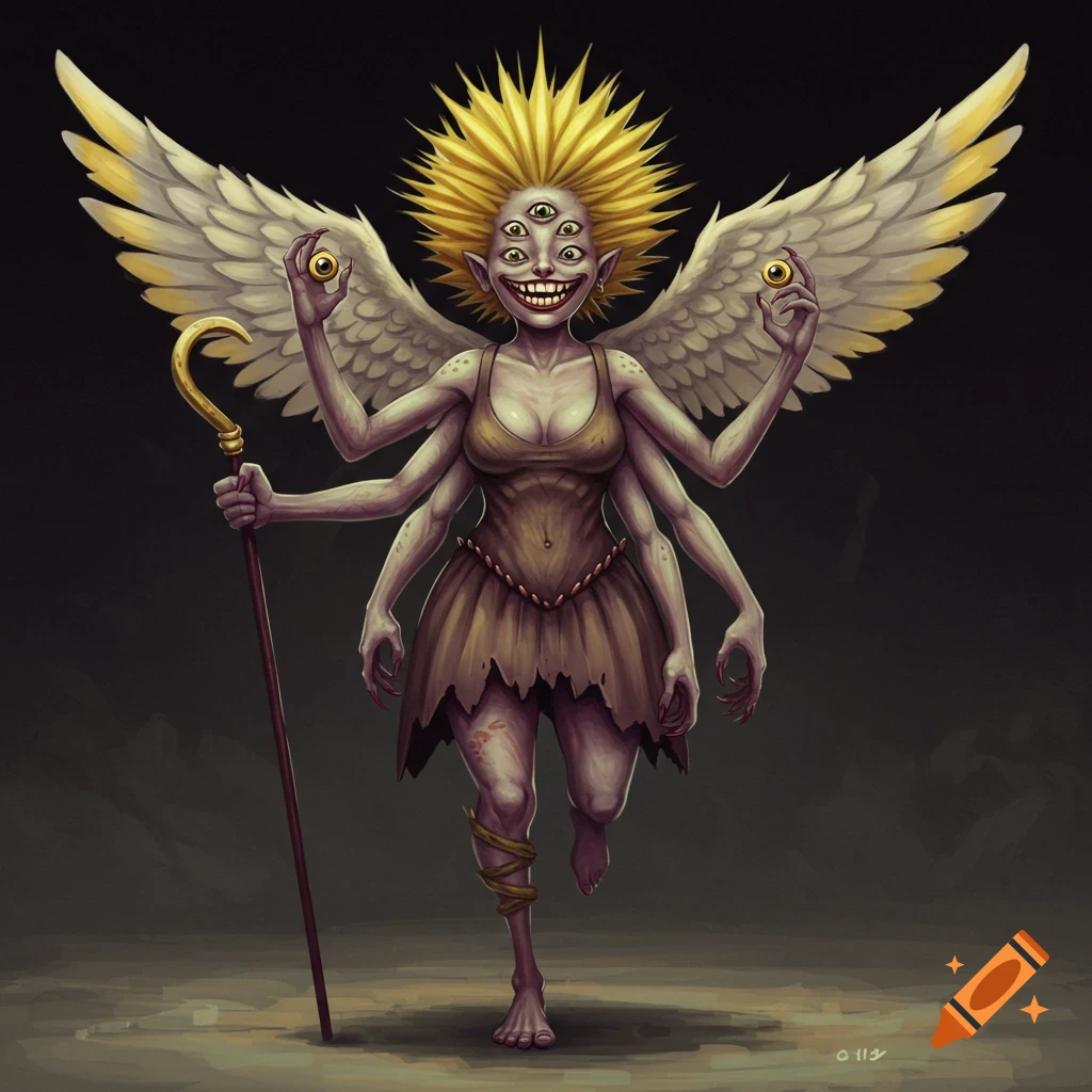 Monster woman with three eyes, one leg, eight arms, cane, dress, wings, smile, and yellow hair ...
