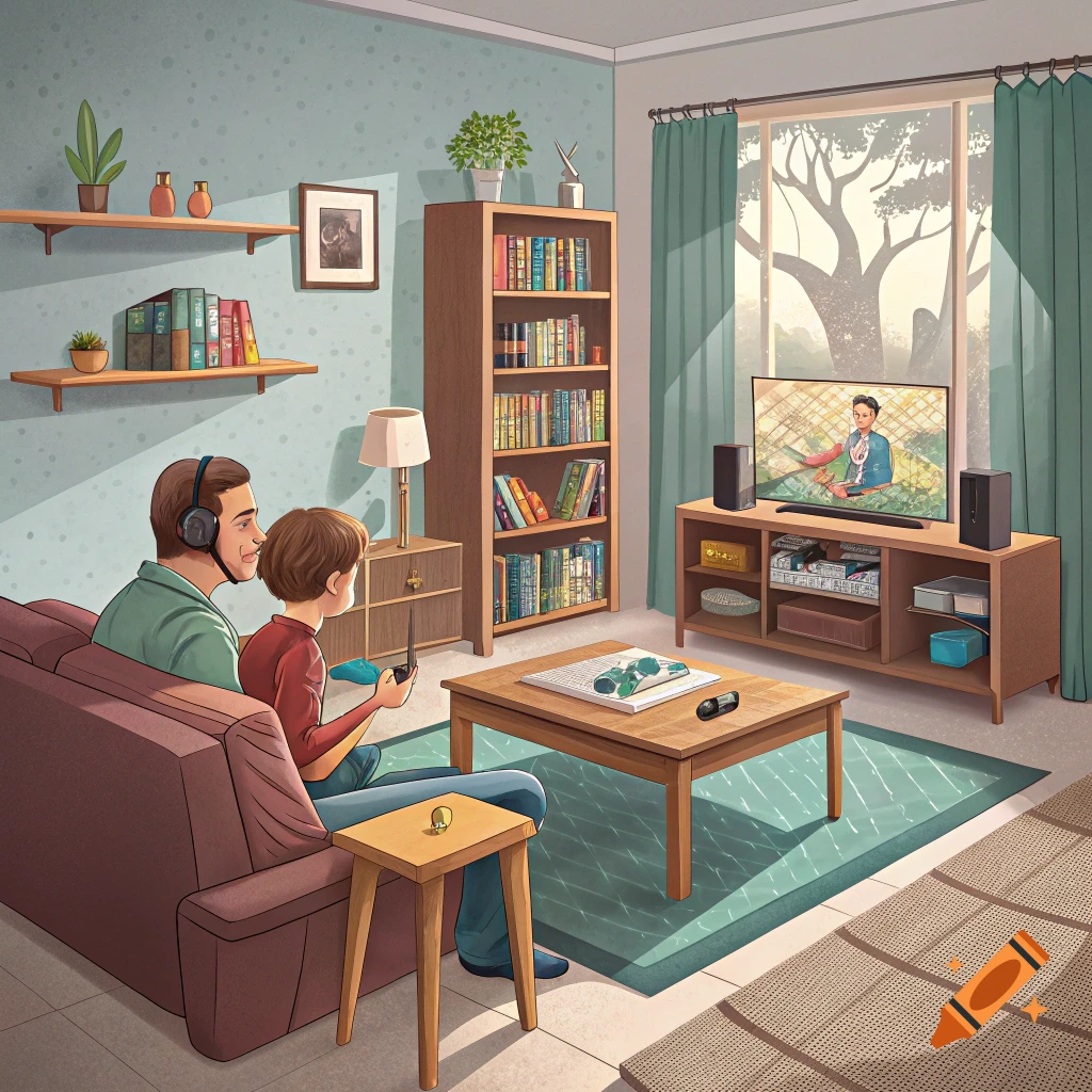 Living room with a table, bookshelf, sofa, and television. Father ...