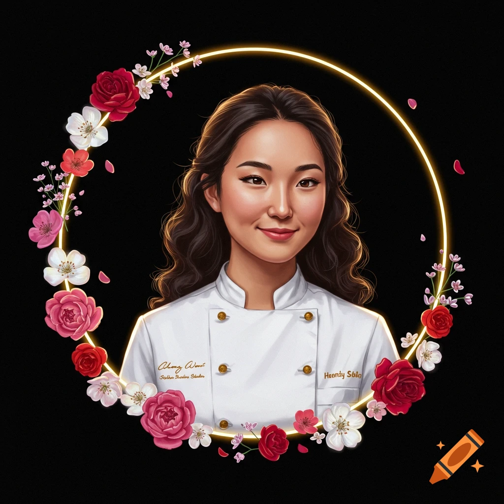 Beautiful woman chef with floral halo on Craiyon