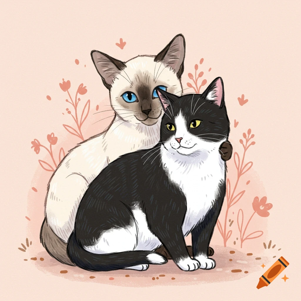 Drawing of a Lynx point Siamese cat and a tuxedo cat cuddling on Craiyon