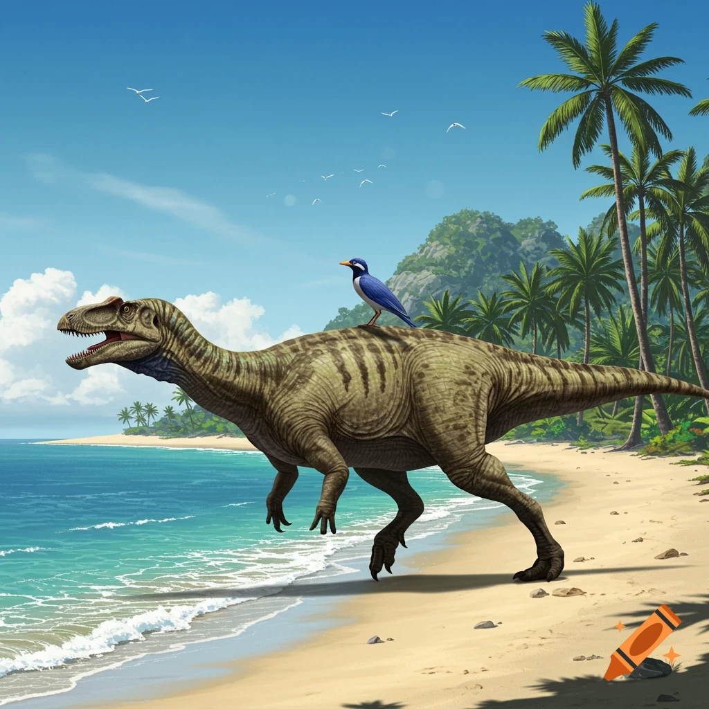 Dinosaur with a bird on its back walking on a beach with ocean and palm ...