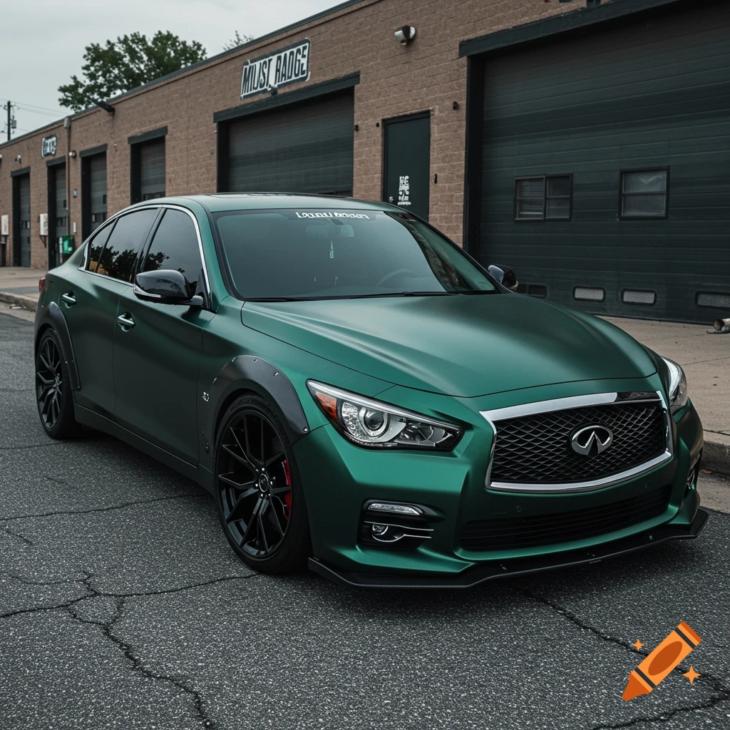 2016 Infiniti Q50 with satin dark green wrap, GTR bumper, carbon ...