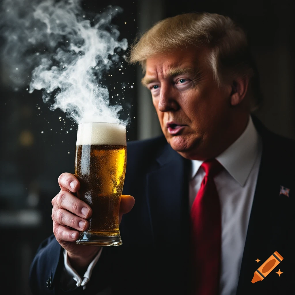A photorealistic image of a man resembling Donald Trump holding a glass ...