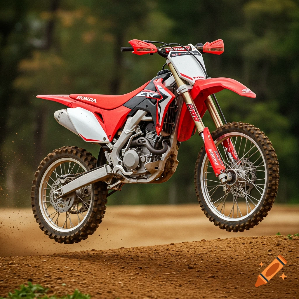 A red Honda CRF dirt bike jumps over a dirt track. on Craiyon